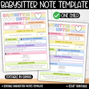 Babysitter Note Editable Template for ONE CHILD, Emergency Contact List ...