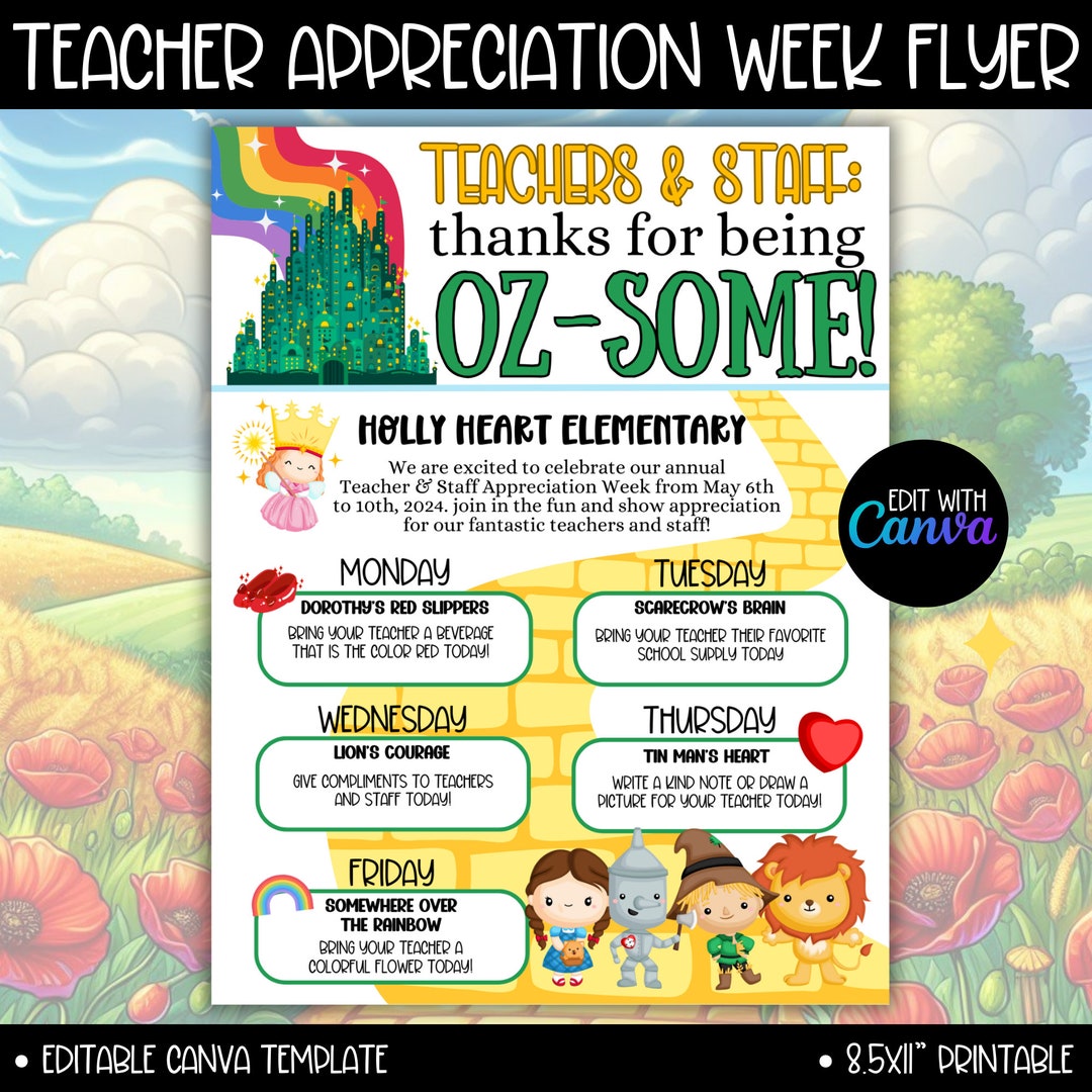 Teacher and Staff Appreciation Week Oz Theme Flyer Template, Editable ...