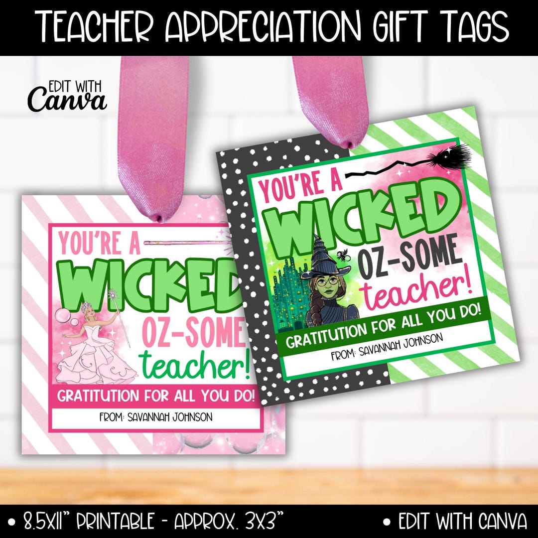 Wicked Teacher Appreciation Week Theme Gift Tags Canva Template, Oz ...