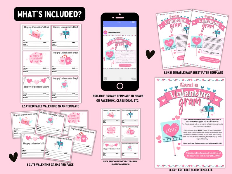 PTA PTO Valentine's Day Candy Gram School Fundraiser Flyer Template ...