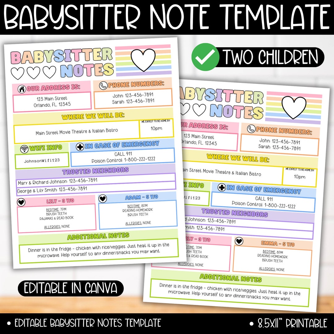 Babysitter Note Editable Template TWO CHILDREN, Emergency Contact List ...