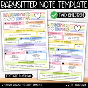 Babysitter Note Editable Template TWO CHILDREN, Emergency Contact List ...
