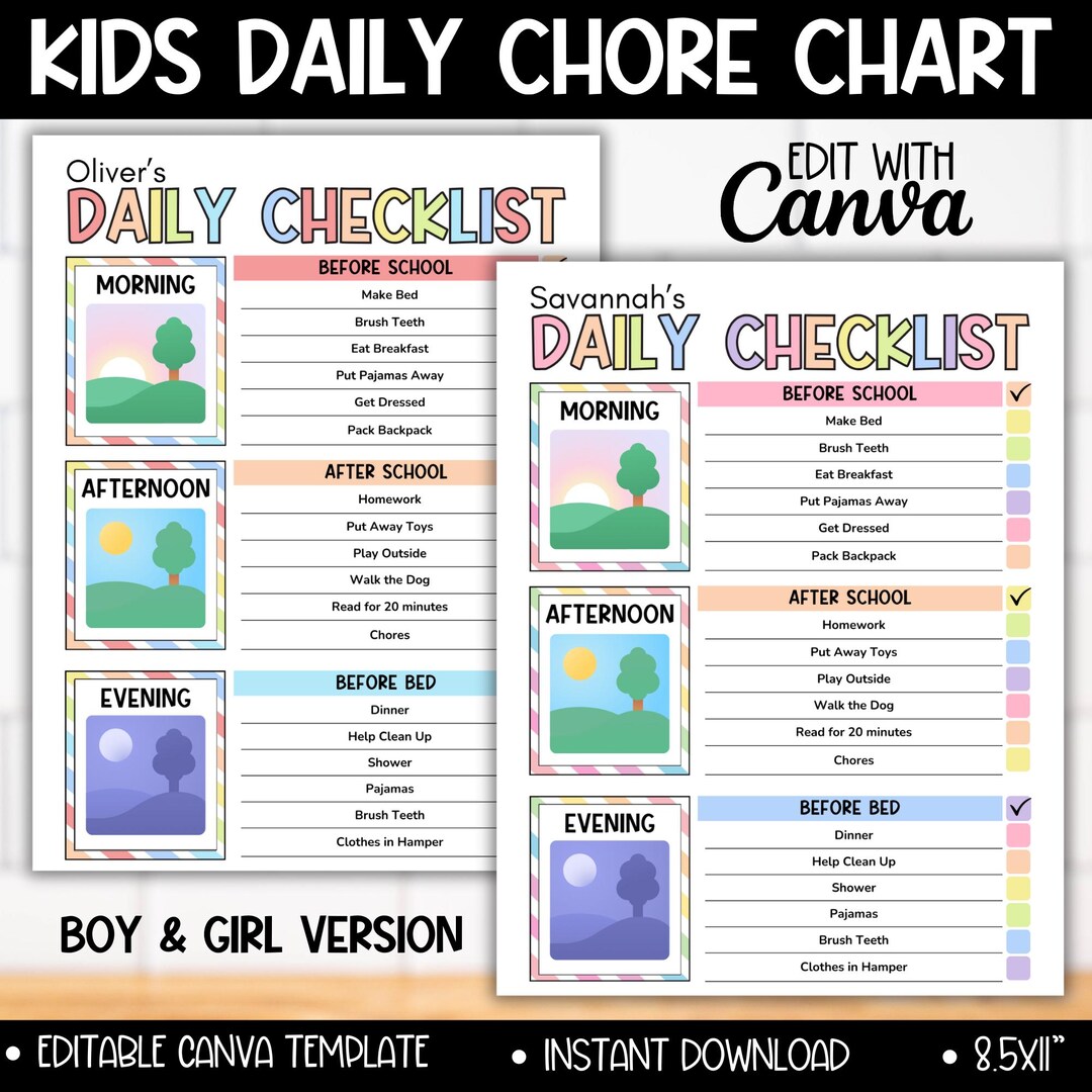 Daily Chore Chart Checklist for Girls Boys, Family Cleaning Schedule ...