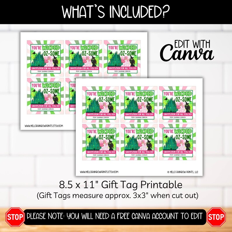 Wicked Thank You Gift Tags Template, Oz Theme Editable Appreciation Tag ...