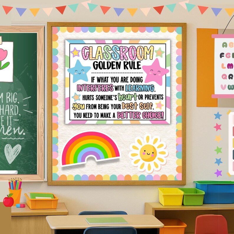 Pastel Rainbow Classroom Golden Rule Poster, Cute Star Classroom Rules ...