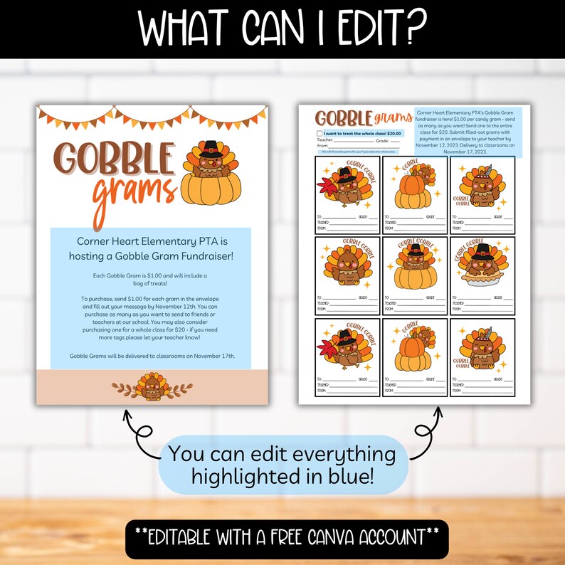 PTA PTO Gobble Gram Thanksgiving Fundraiser Flyer Template for School ...