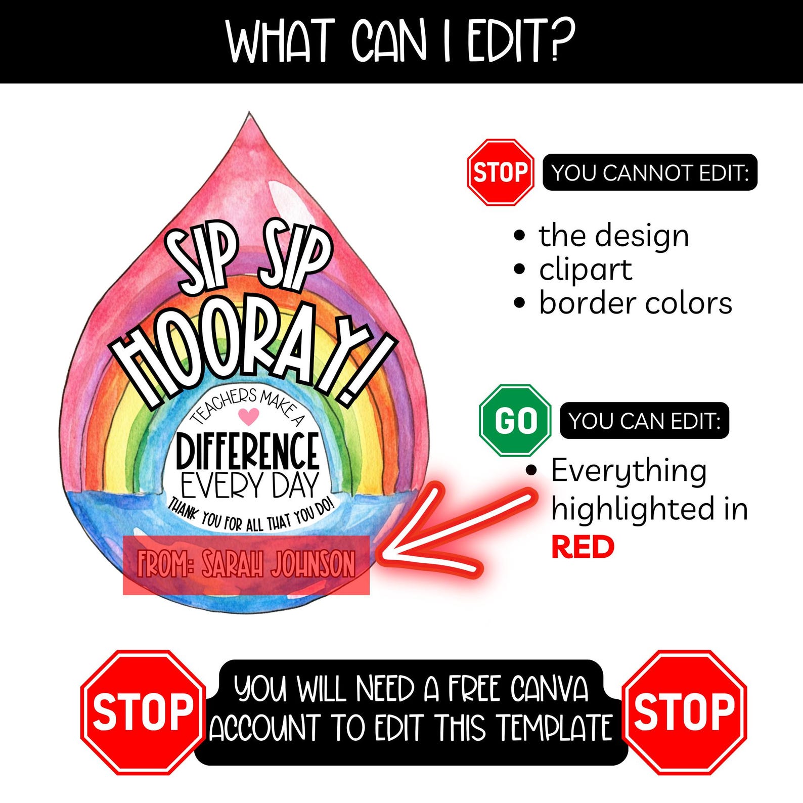 Teacher Appreciation Water Bottle Tumbler Gift Tag, Editable Sip Sip ...