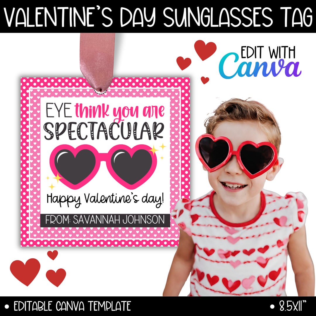 Valentine's Day Heart Sunglasses Treat Goody Bag Tag Card, Pink Boys ...