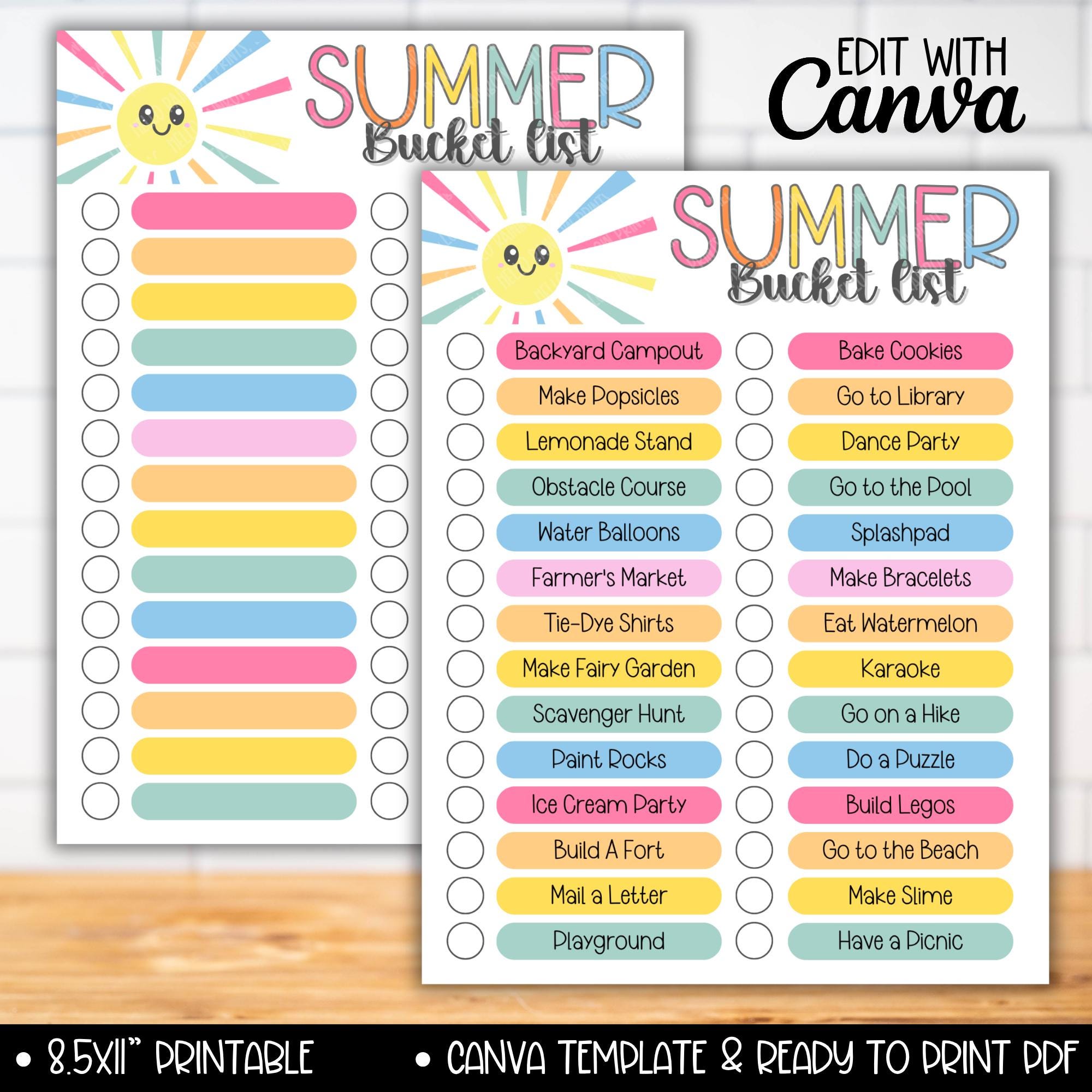 Editable Summer Bucket List for Kids, Summer Family Bucketlist Planner ...