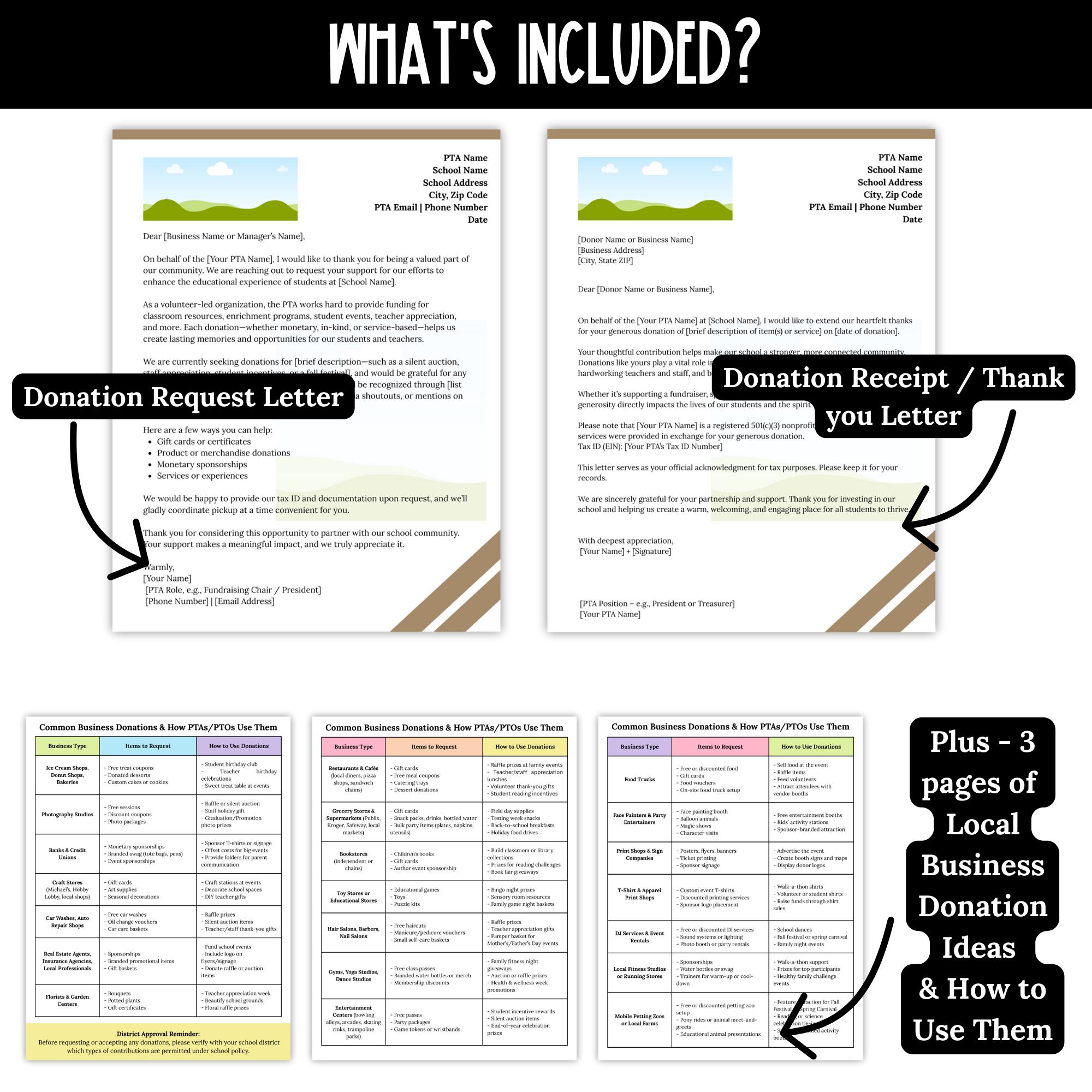 PTA Donation Request Letter Template Bundle, Editable PTO Monetary Item ...
