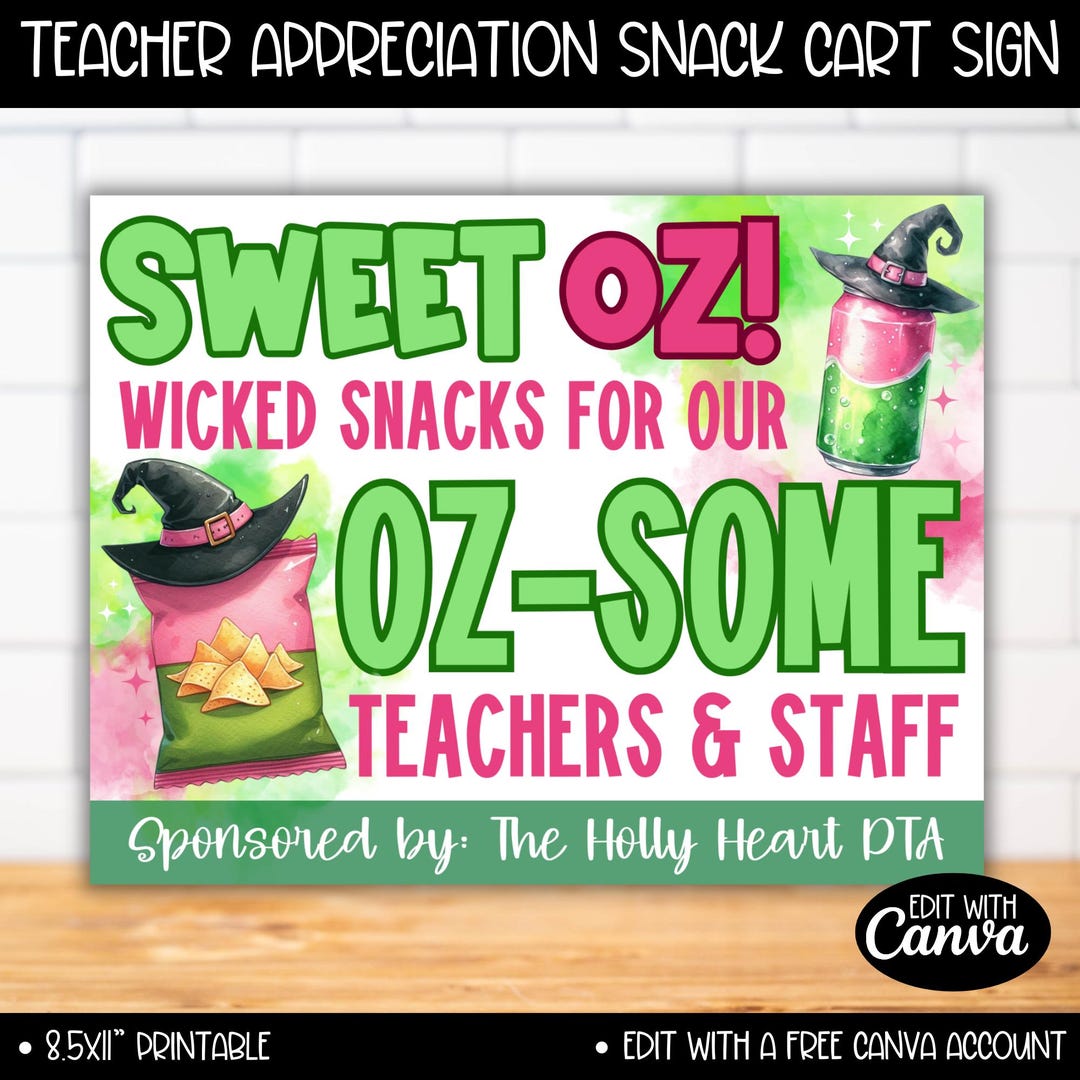 Wicked Teacher Appreciation Week Snack Cart Sign, Green Pink Witch ...
