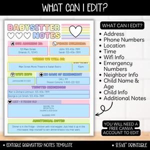 Babysitter Note Editable Template for ONE CHILD, Emergency Contact List ...