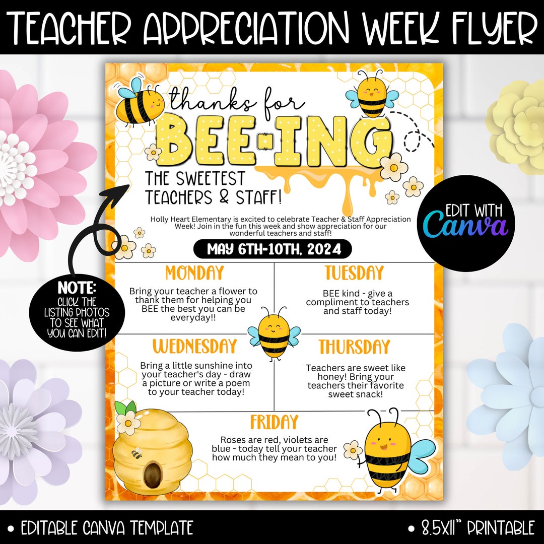 Editable Teacher and Staff Appreciation Week Bumble Bee Theme Flyer ...