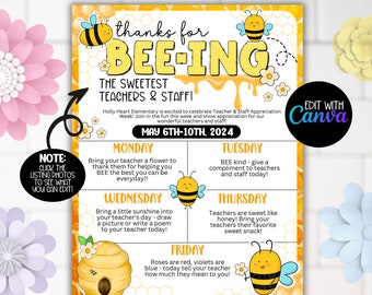 Bee Theme Teacher and Staff Appreciation Week Flyer Editable Printable ...