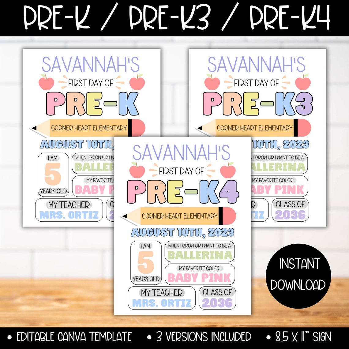 First Day of Pre-k Sign Printable, First Day of Pre-k3 Pre-k4 School ...