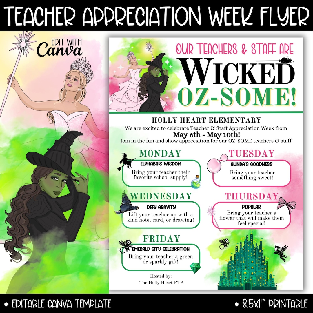 Wicked Theme Teacher Appreciation Week Theme Flyer Canva Template, Oz ...