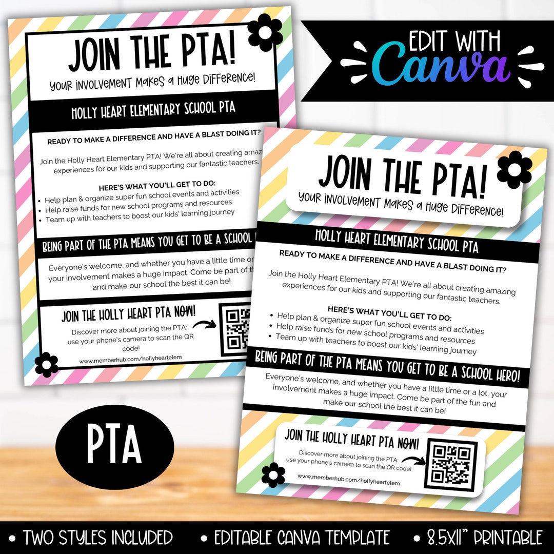 Join the PTA Flyer Editable Canva Template, Rainbow PTA Bulletin Board ...