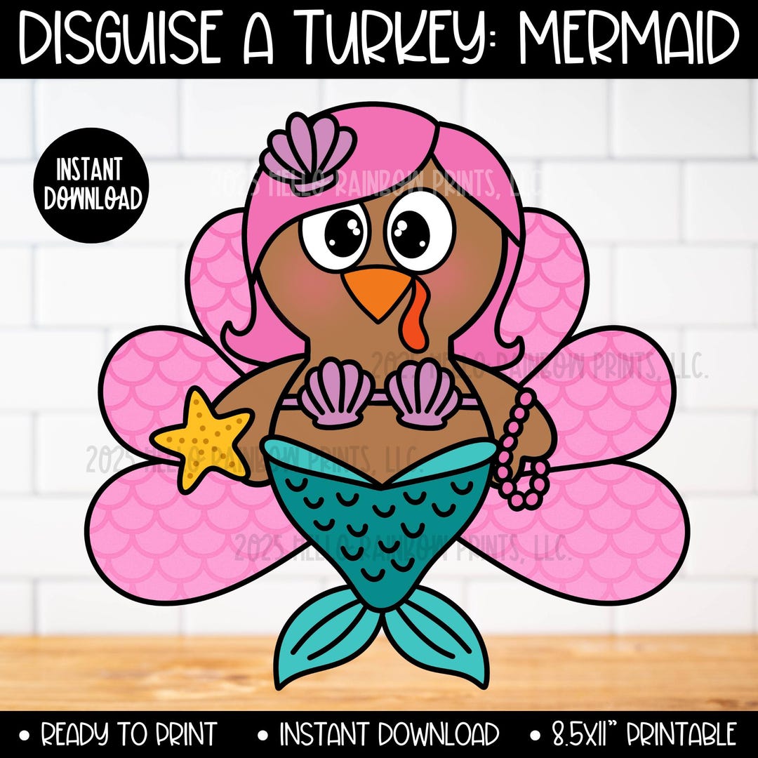 Pink Mermaid Turkey Disguise Project Printable Girls, Thanksgiving ...