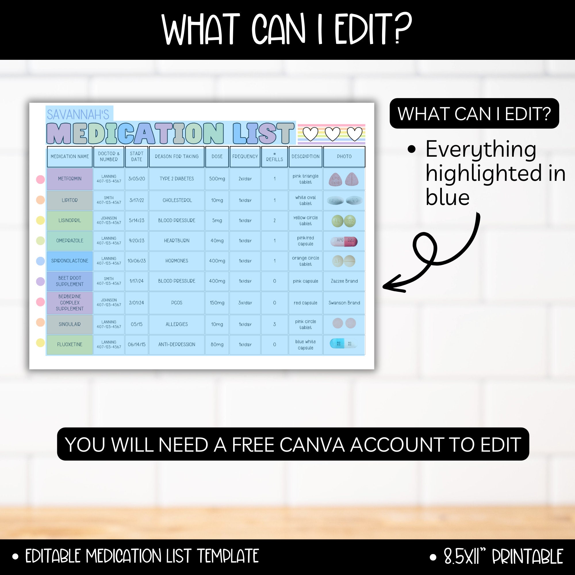 Medication Supplement List Tracker Log Chart Printable Template ...