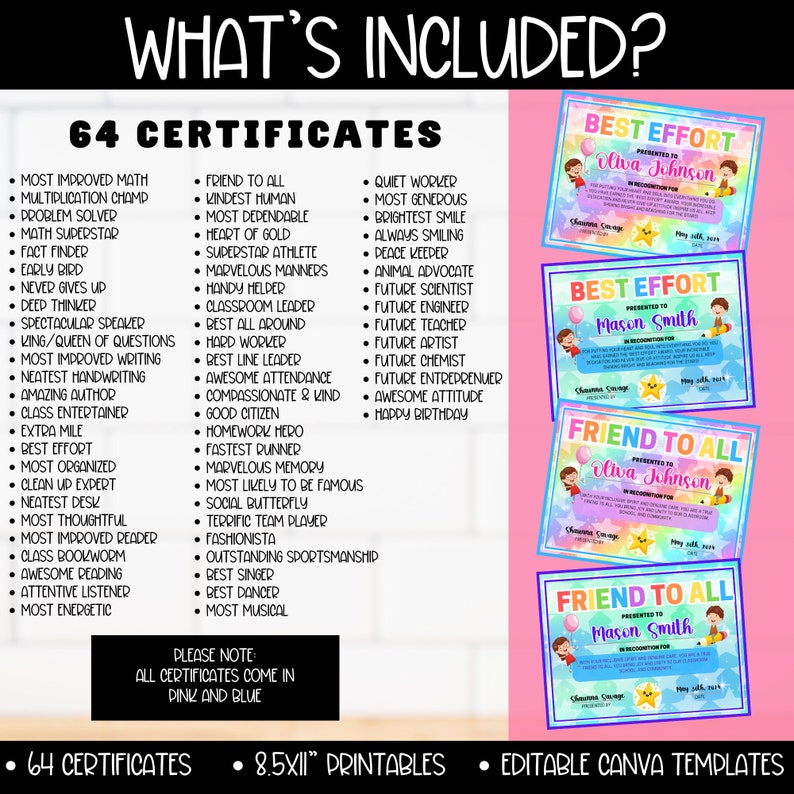 64 Student Award Certificates, Classroom End of Year Certificate ...
