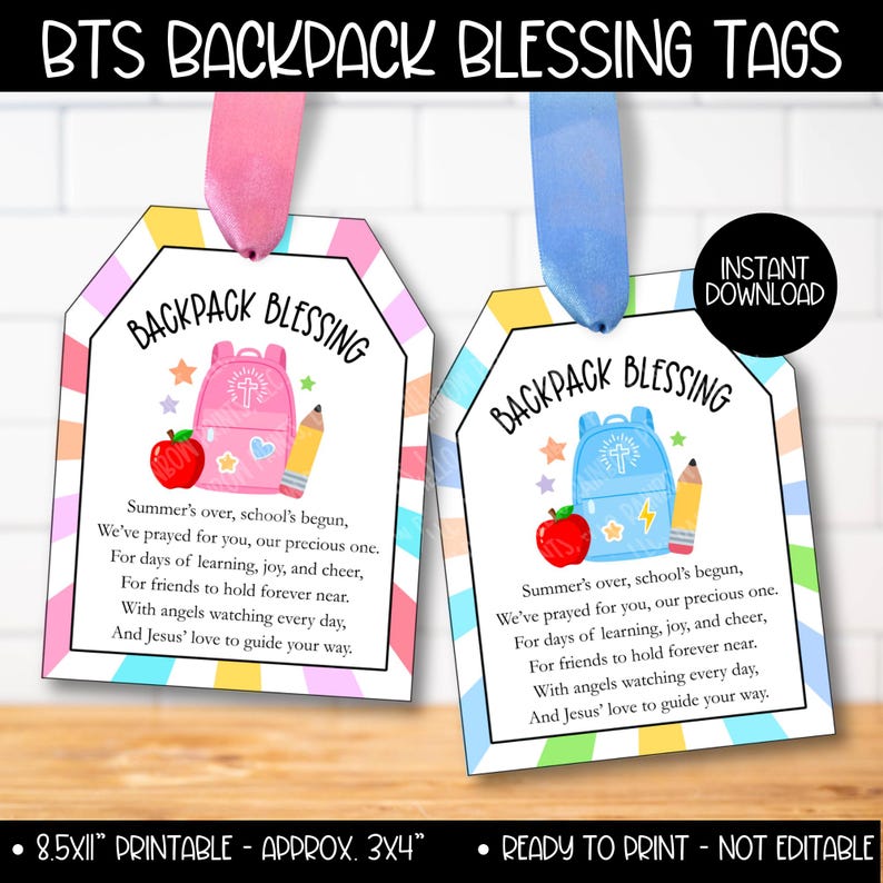 Christian Backpack Blessing Prayer Tag Cards, Sunday School Craft Tags ...