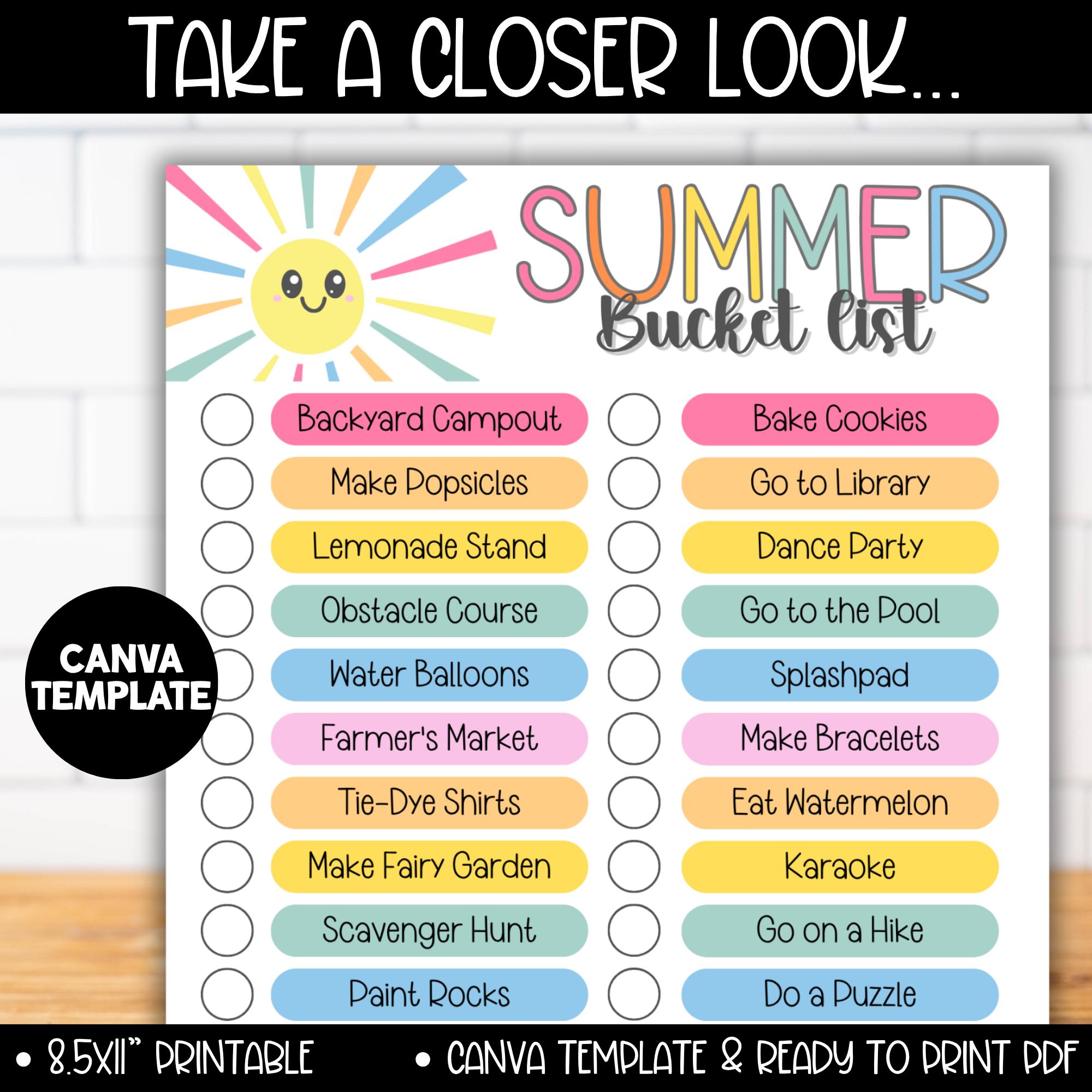 Editable Summer Bucket List for Kids, Summer Family Bucketlist Planner ...