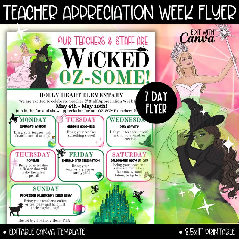 Wicked Teacher Appreciation 7 Day Week Theme Flyer Canva Template ...
