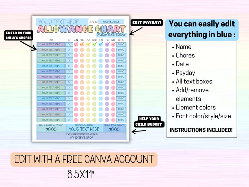 Editable Allowance Tracker Chart, Kids Budgeting Money Saving Worksheet ...