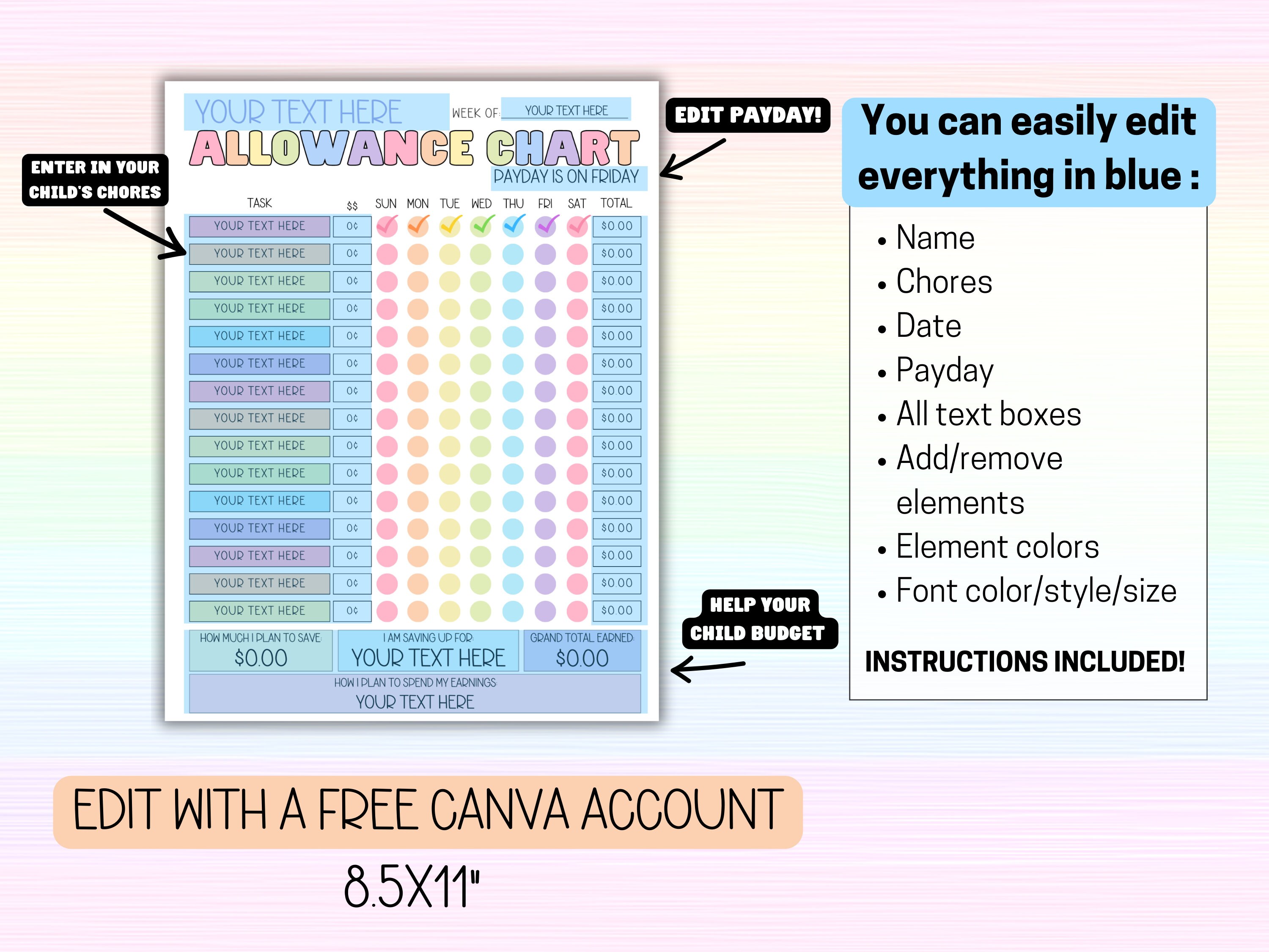 Editable Allowance Tracker Chart, Kids Budgeting Money Saving Worksheet ...
