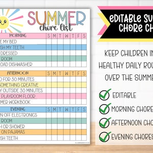 Editable Summer Chore Chart List for Kids, Teen Chores Reward System ...