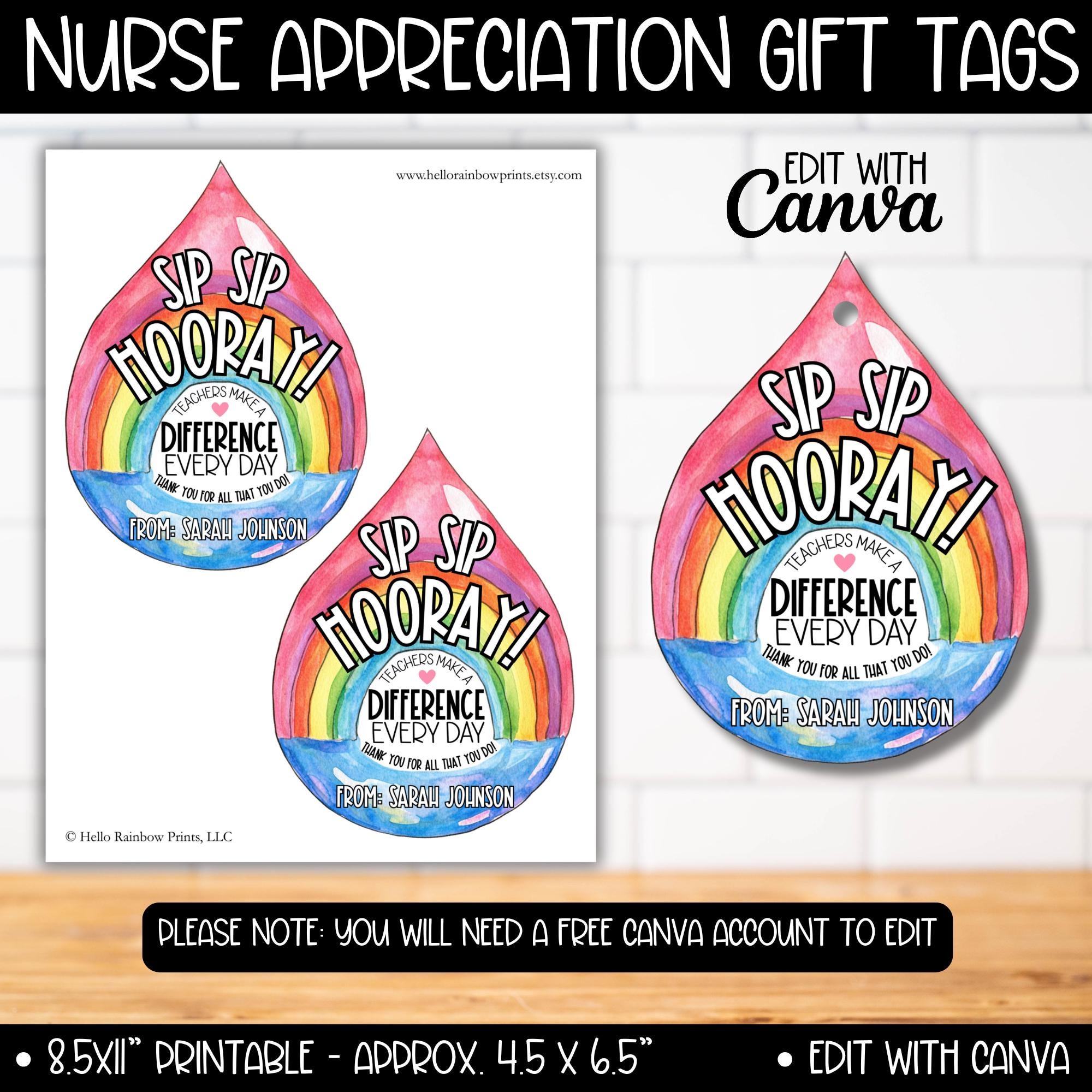 Teacher Appreciation Water Bottle Tumbler Gift Tag, Editable Sip Sip ...