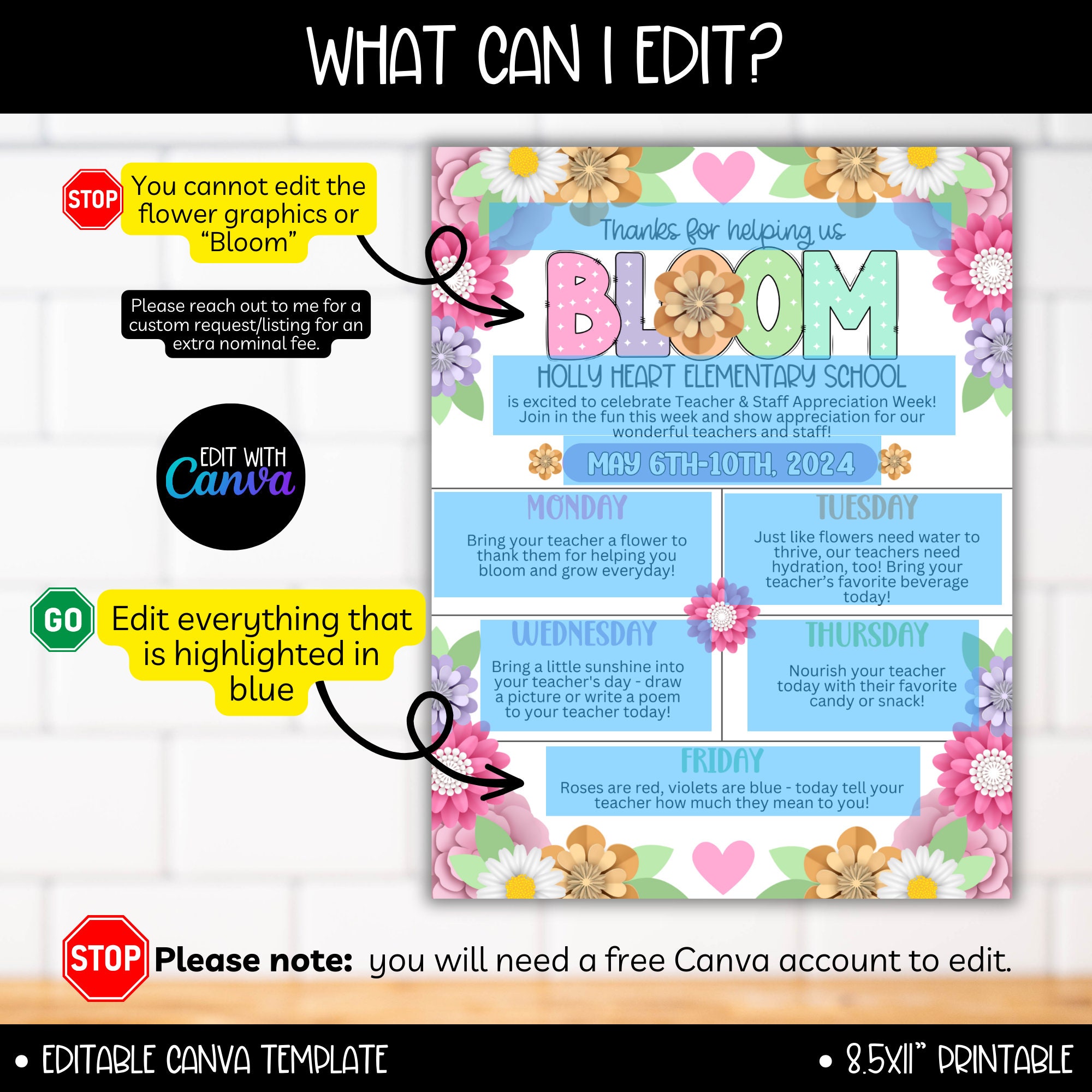 Teacher Staff Appreciation Week Bloom Flower Theme Flyer Itinerary ...
