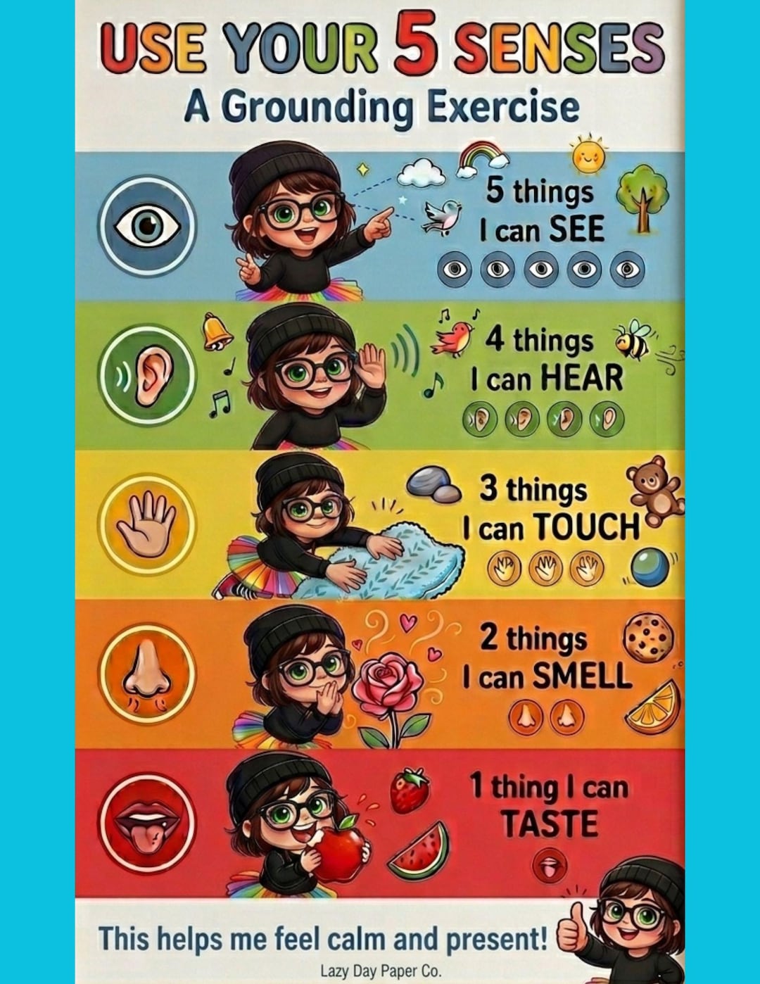 5 Senses Grounding Exercise Poster, Calm Down Corner Wall Art, Sensory ...