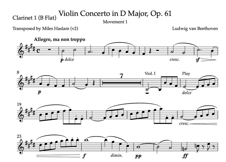 Clarinet 1/ Beethoven/violin Concerto in D Major transposed Part - Etsy