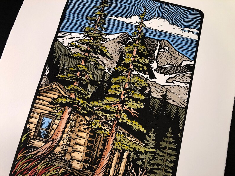 Hand-painted Original Linocut Style Print, "the Ranger Cabin", Lino ...