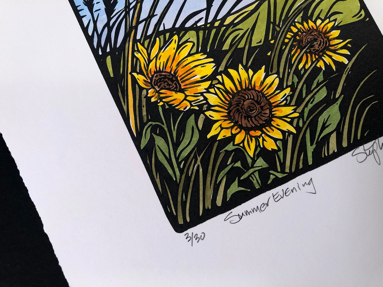 Small Hand-painted Original Linocut Style Print, "summer Evening", Lino ...