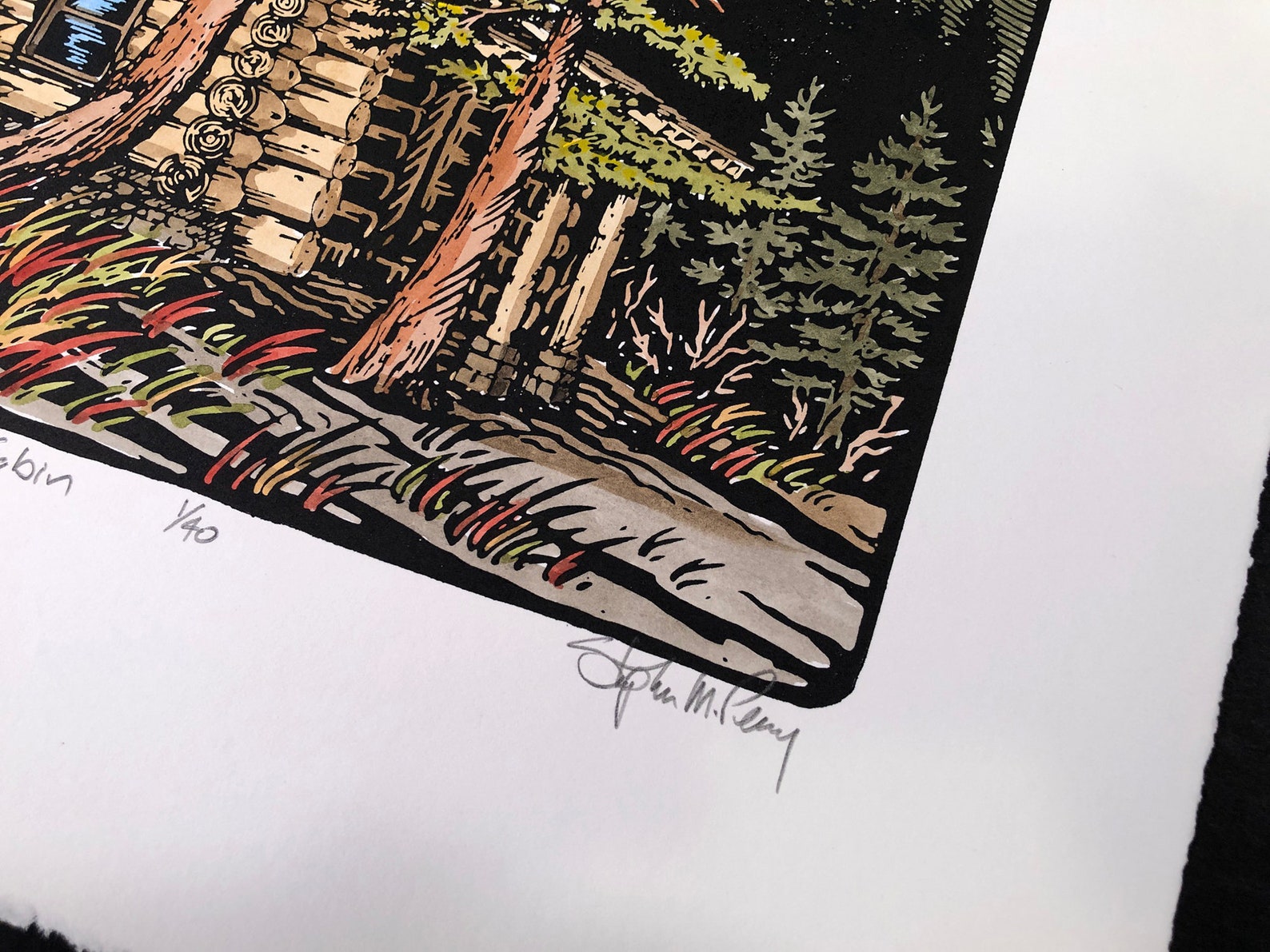 Hand-painted Original Linocut Style Print, "the Ranger Cabin", Lino ...