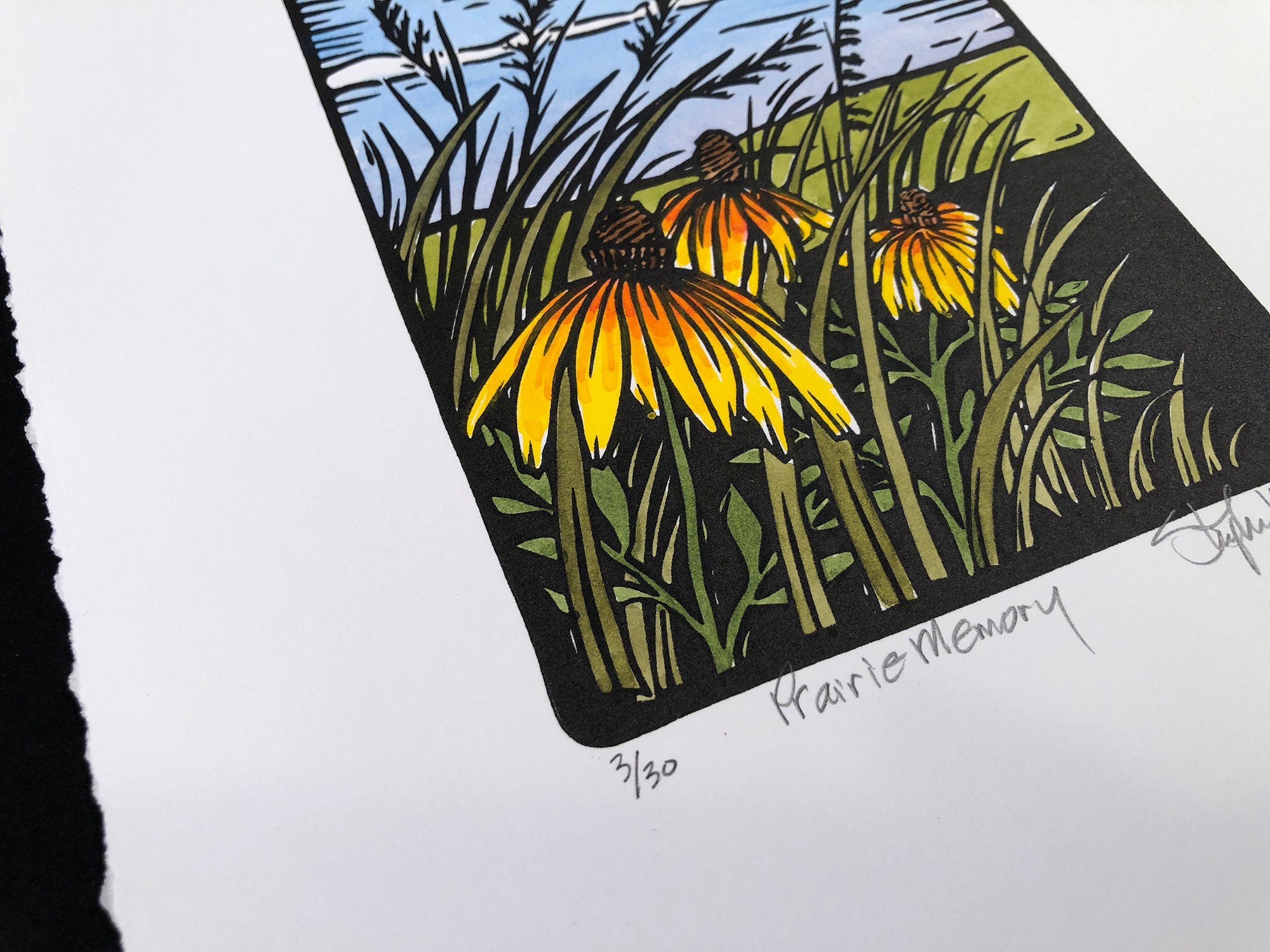 Small Hand-painted Original Linocut Style Print, "prairie Memory", Lino ...