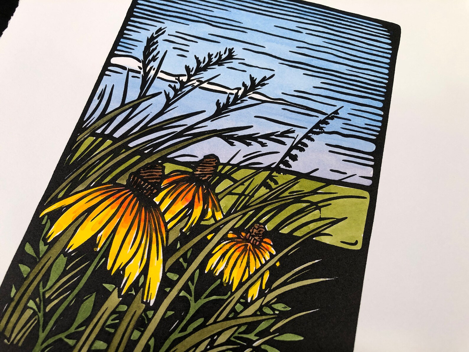 Small Hand-painted Original Linocut Style Print, "prairie Memory", Lino ...