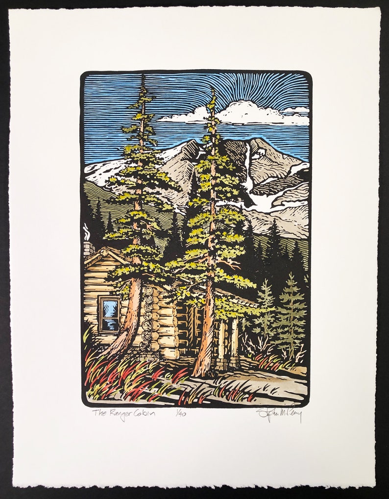 Hand-painted Original Linocut Style Print, "the Ranger Cabin", Lino ...