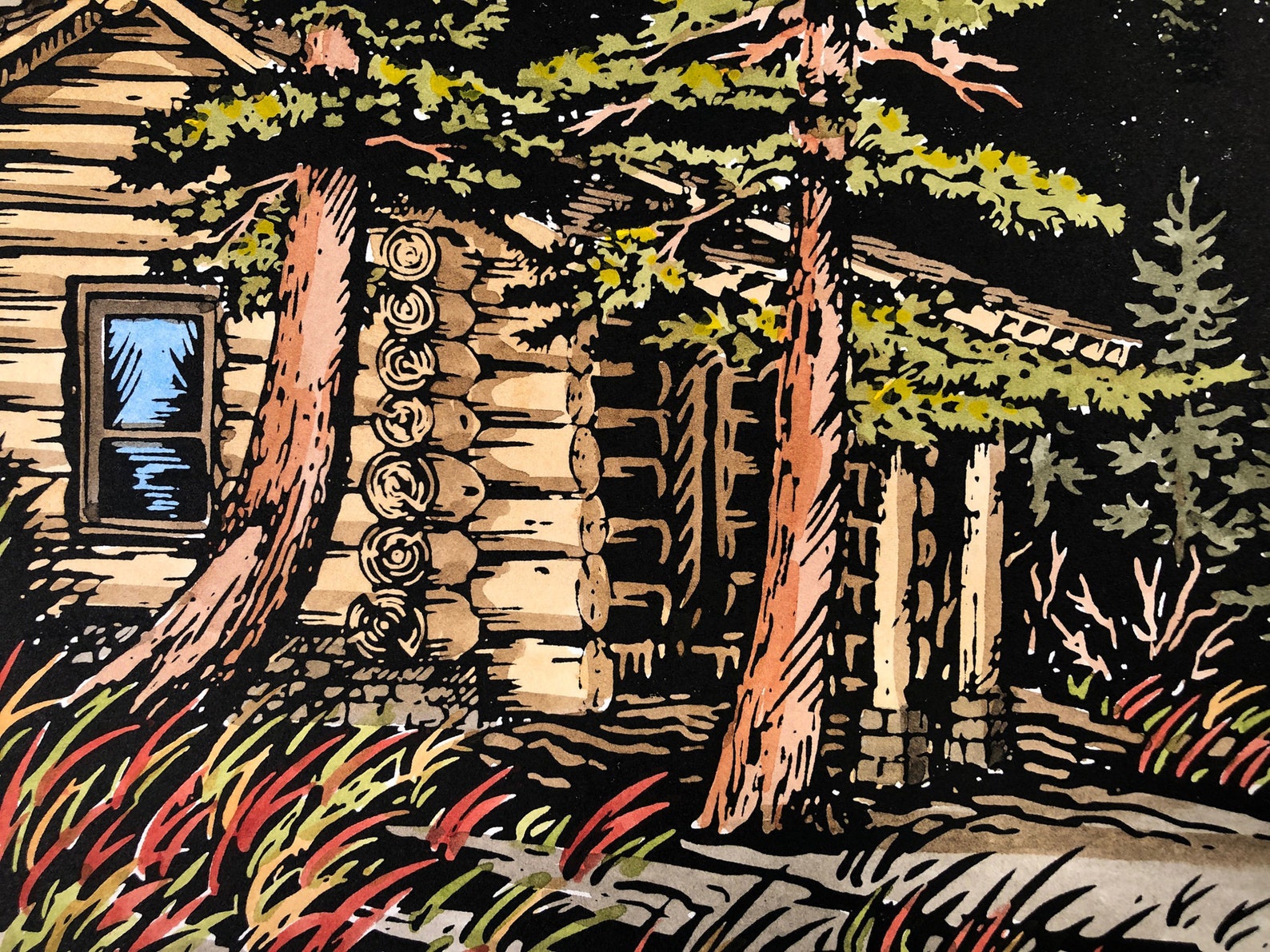 Hand-painted Original Linocut Style Print, "the Ranger Cabin", Lino ...