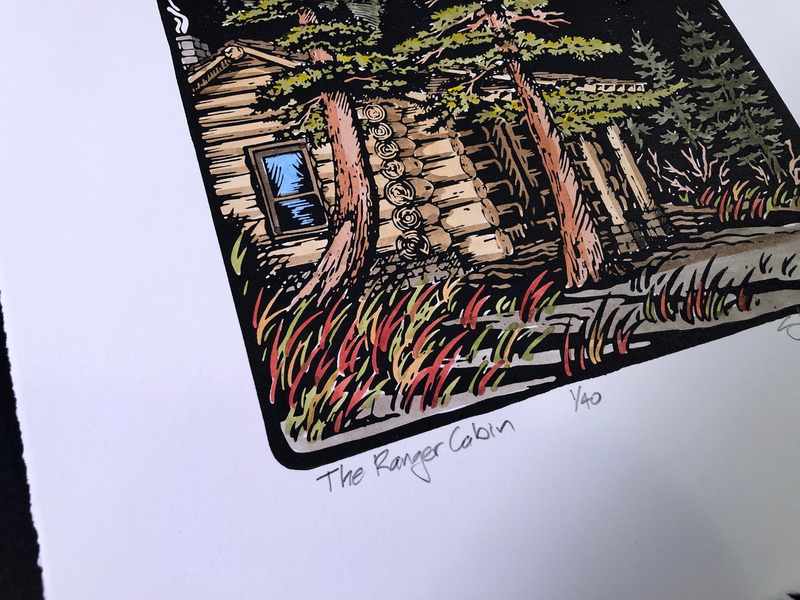 Hand-painted Original Linocut Style Print, "the Ranger Cabin", Lino ...