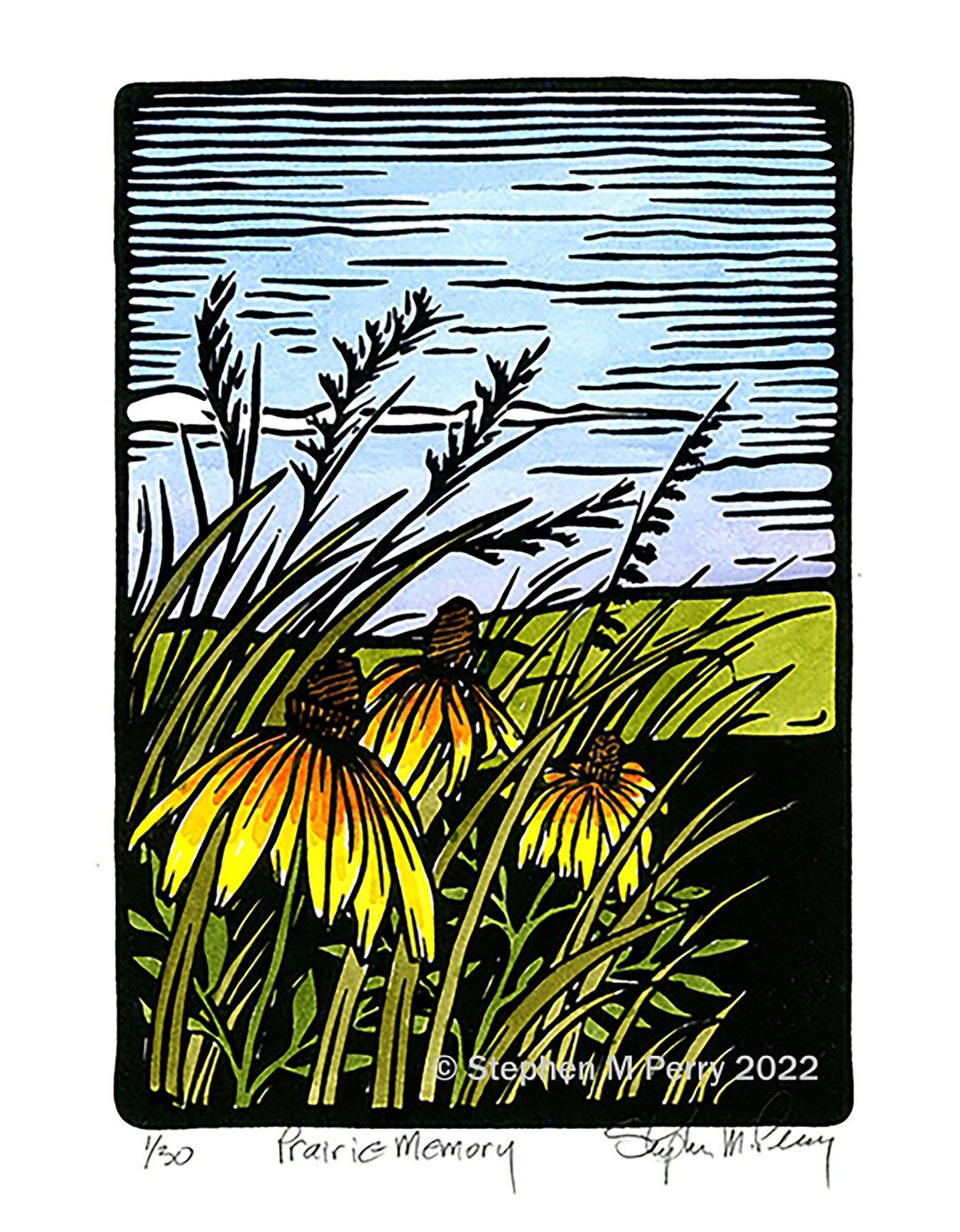 Small Hand-painted Original Linocut Style Print, "prairie Memory", Lino ...