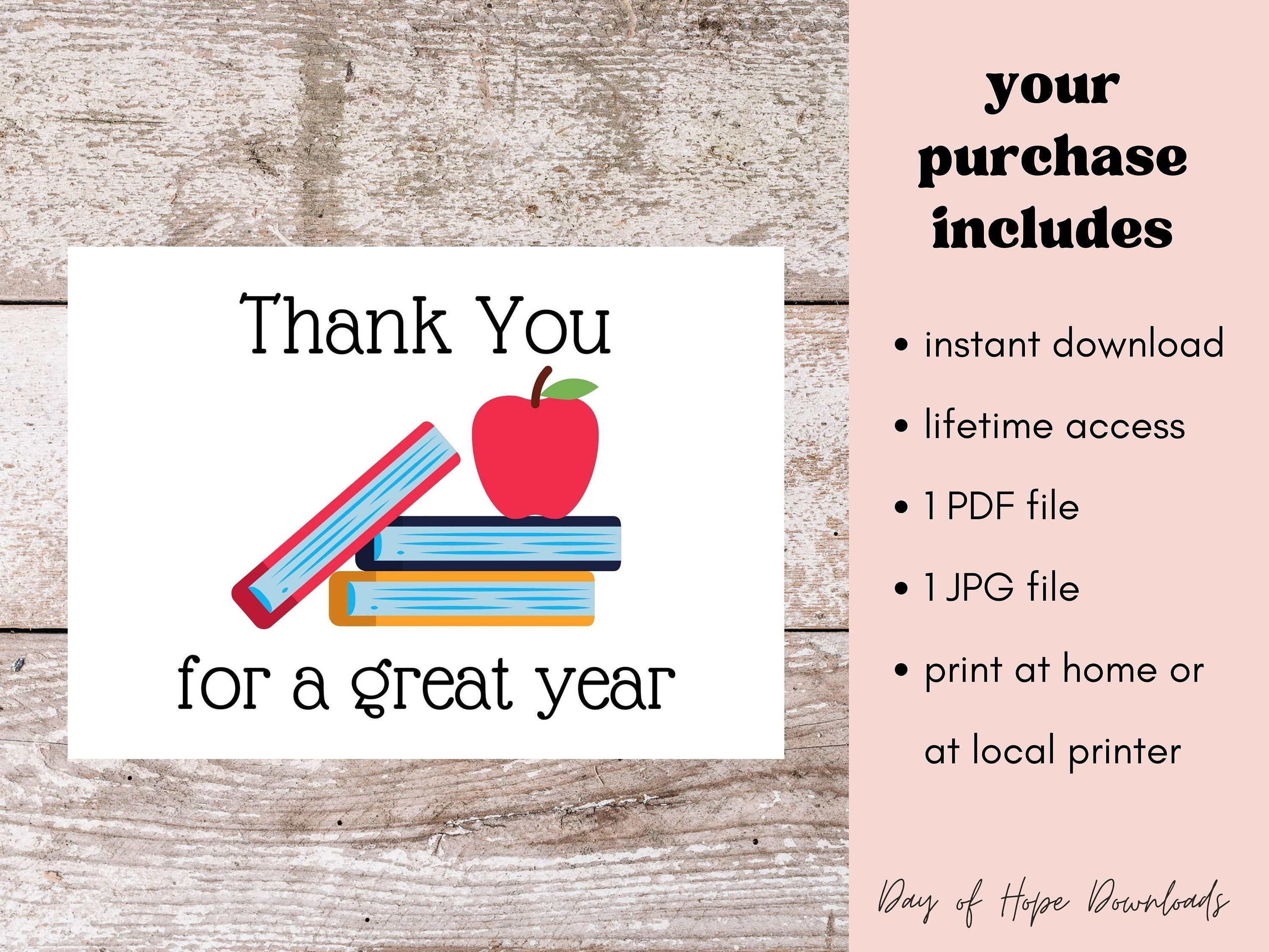 Printable Teacher Thank You Card, Thank You for a Great Year Card, Last ...