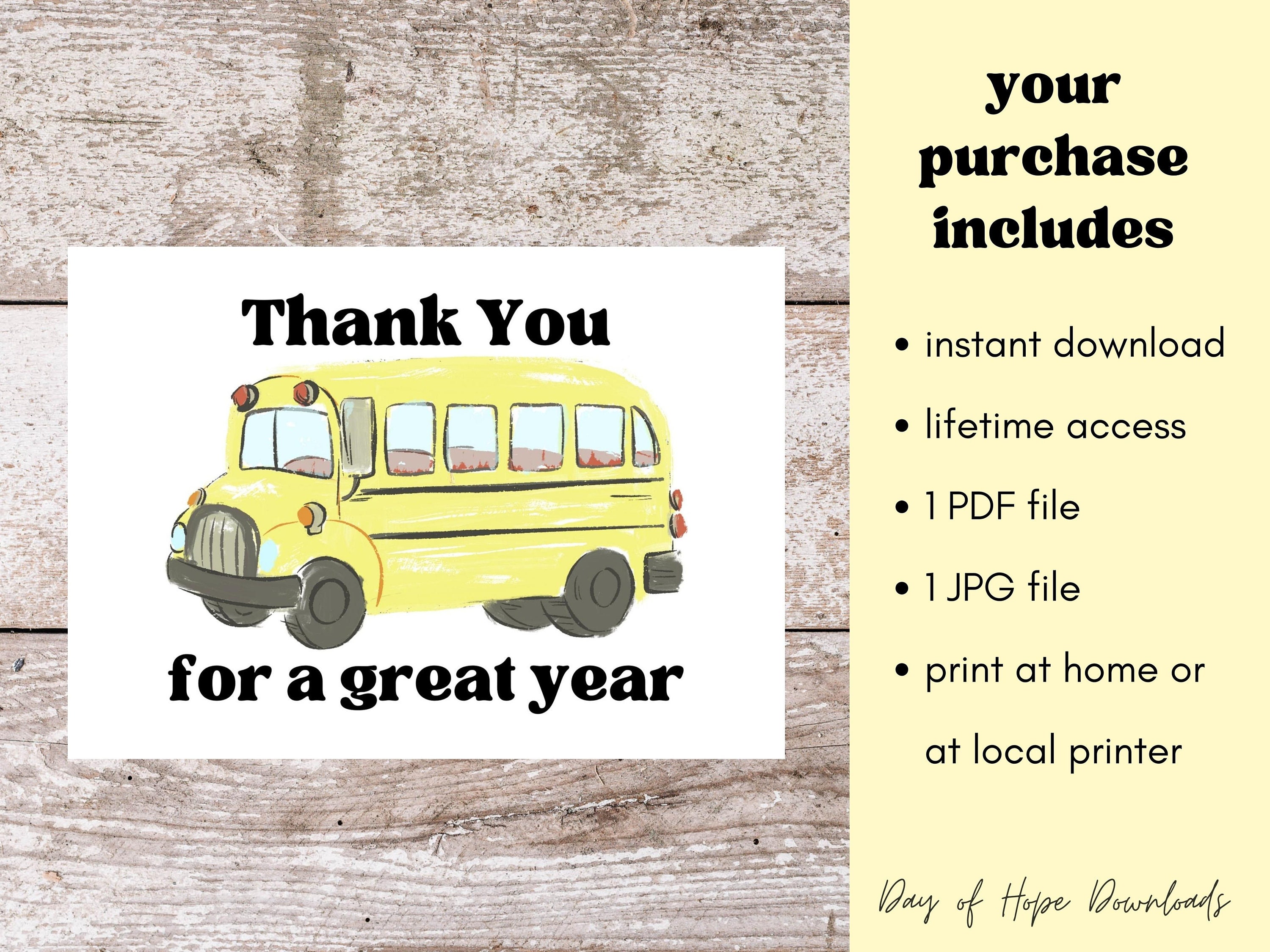 Printable Bus Driver Thank You Card, Thank You for a Great Year for ...