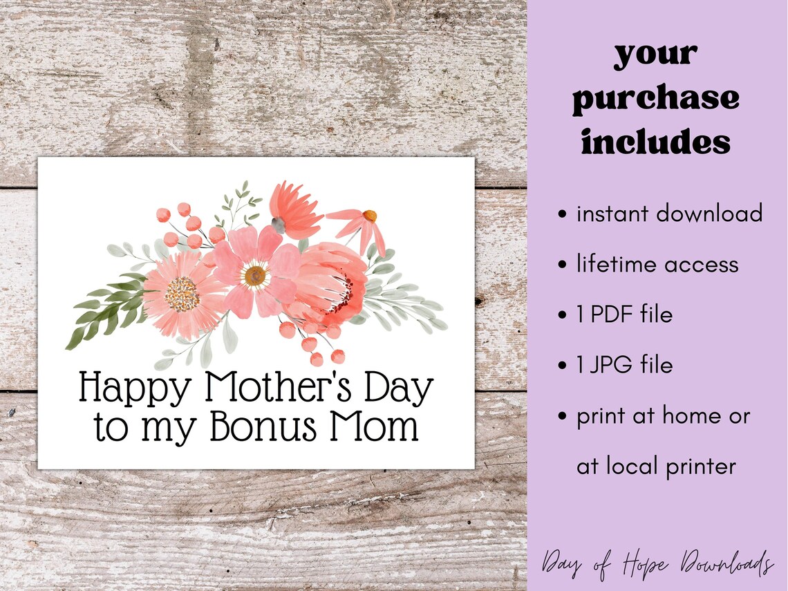 Printable Mothers Day Card for Bonus Mom | Happy Mother's Day to My ...