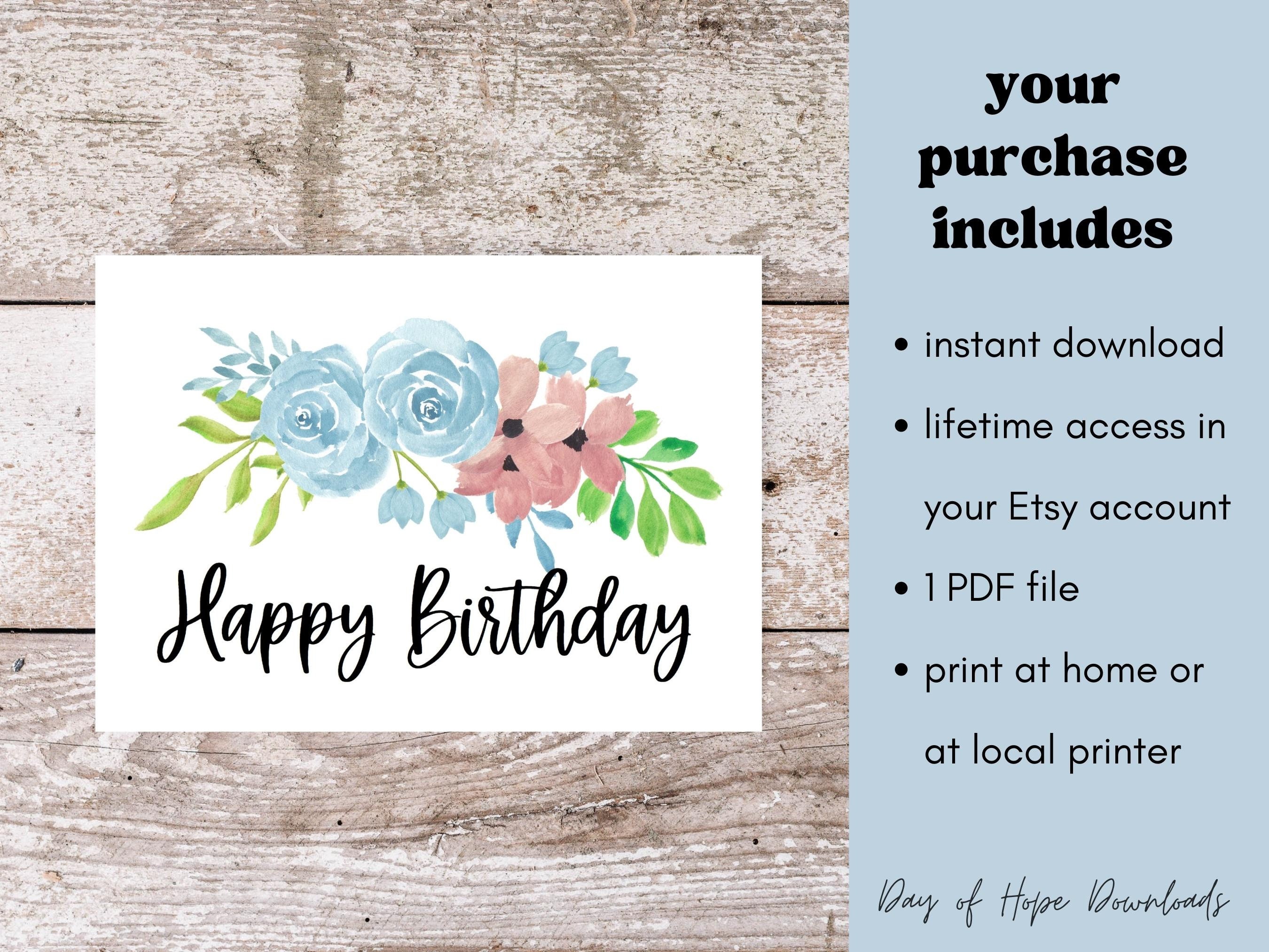 Printable Birthday Card, Happy Birthday Card, Simple Watercolor Blue ...