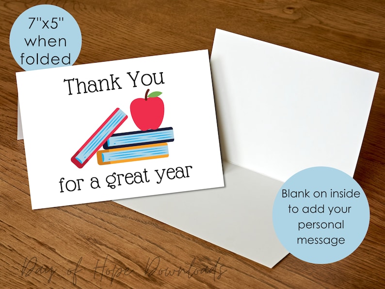 Printable Teacher Thank You Card, Thank You for a Great Year Card, Last ...