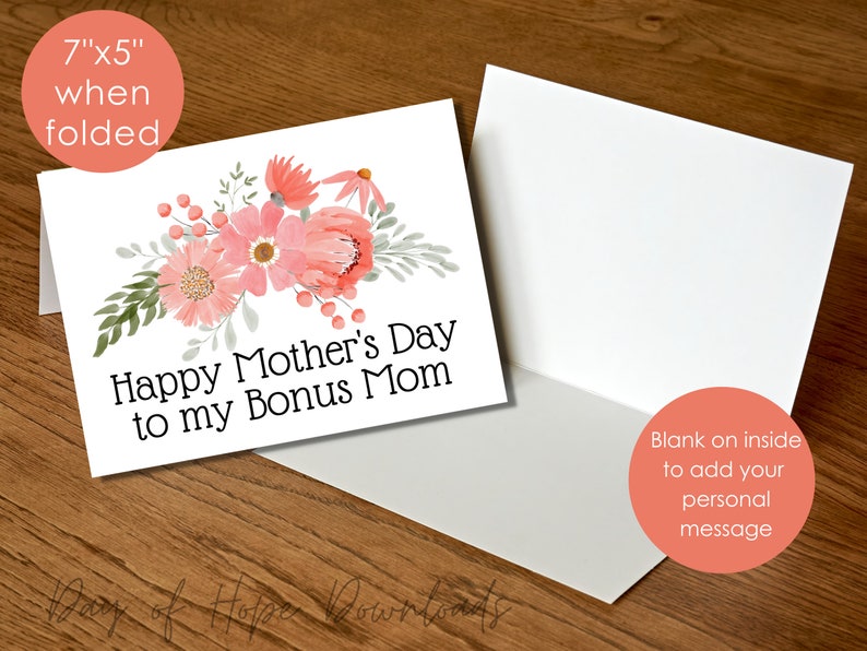 Printable Mothers Day Card for Bonus Mom | Happy Mother's Day to My ...