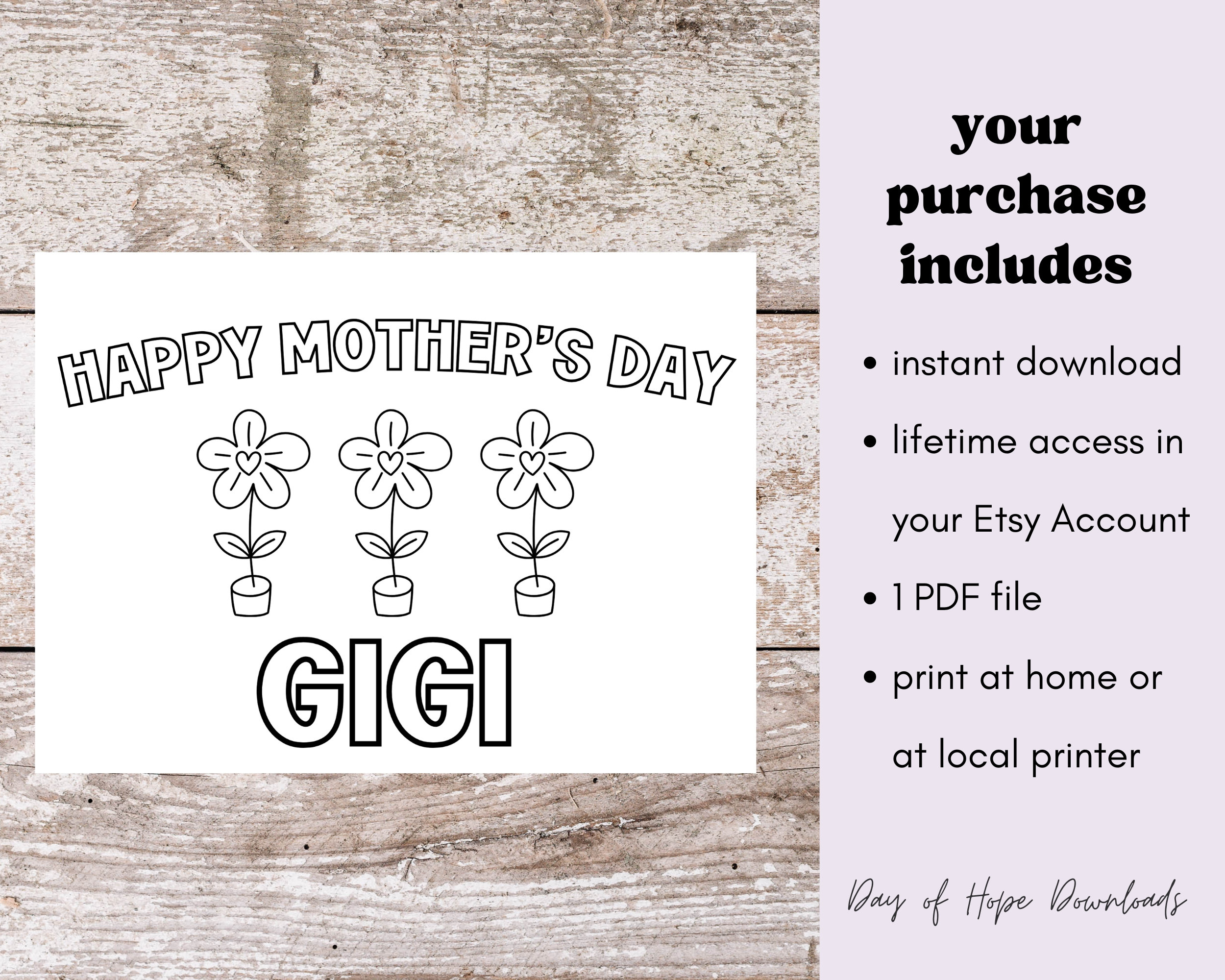 Printable Gigi Mothers Day Coloring Card for Grandma, Happy Mother's ...